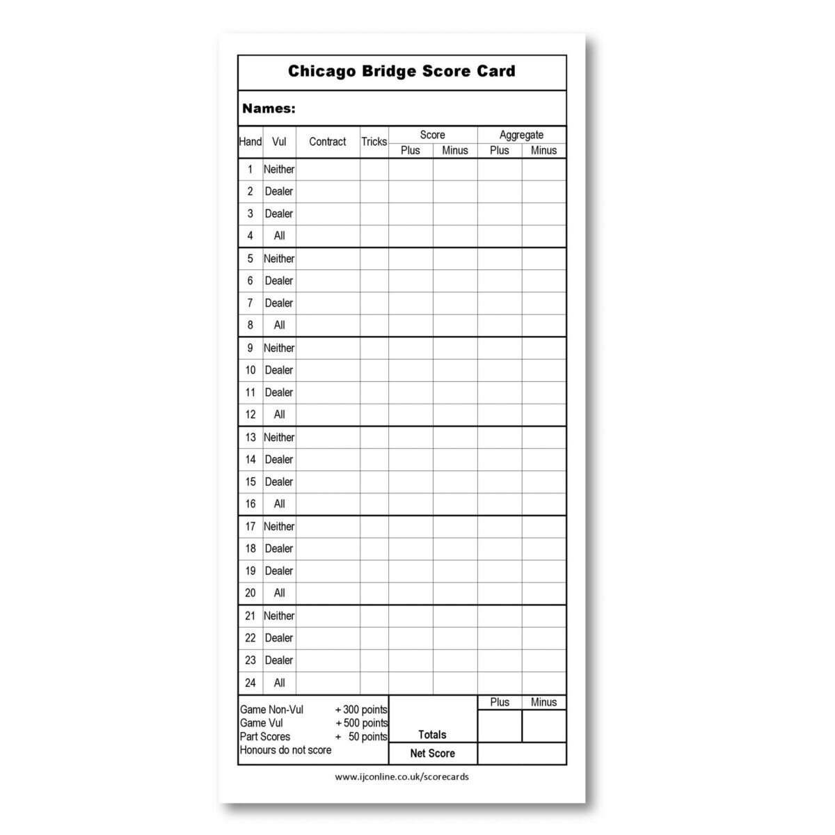 Rubber Bridge Score Cards. Pack of 50 Double sided